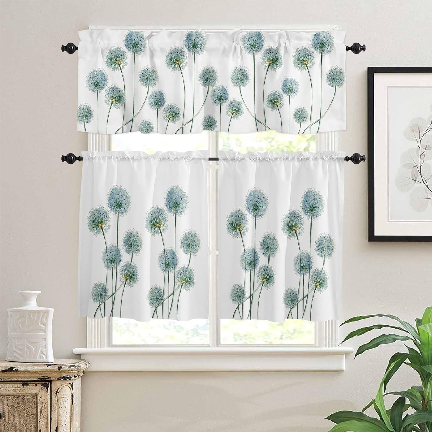 3 Piece Curtains Tiers and Valances Set, Dandelion Flower Floral Print ...
