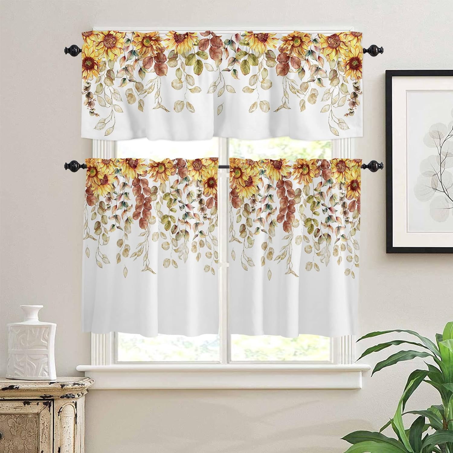 3 Piece Curtains Tiers and Valances Set, Fall Sunflower Eucalyptus ...