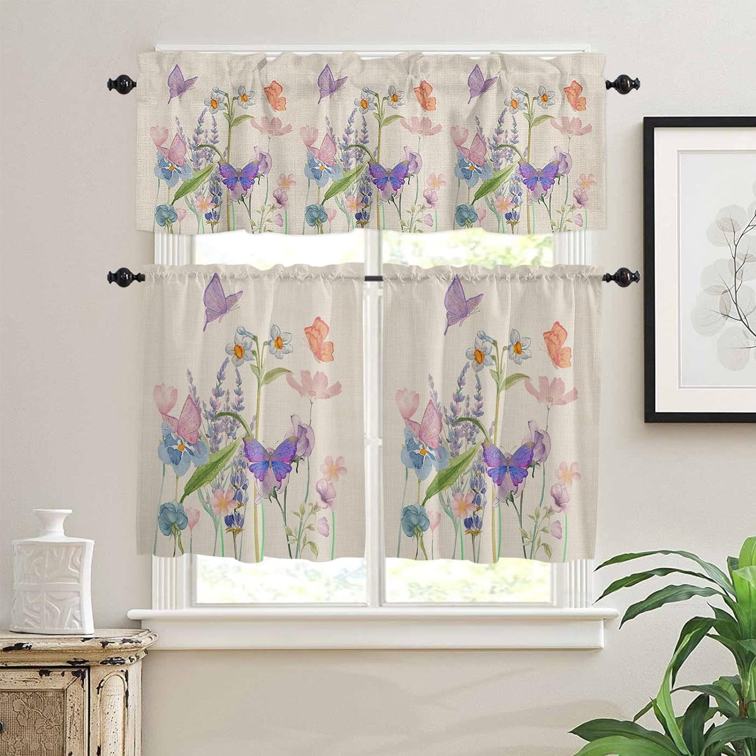 3 Piece Curtains Tiers and Valances Set, Floral Print Butterfly ...