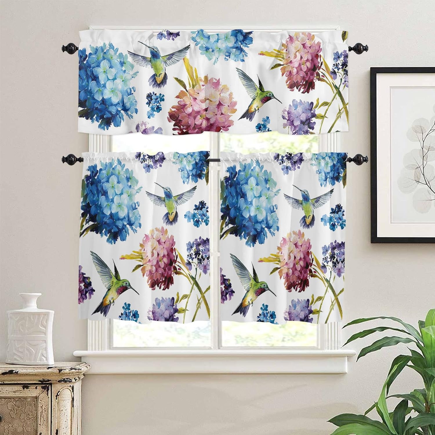 3 Piece Curtains Tiers and Valances Set, Hummingbird Hydrangea Vintage ...