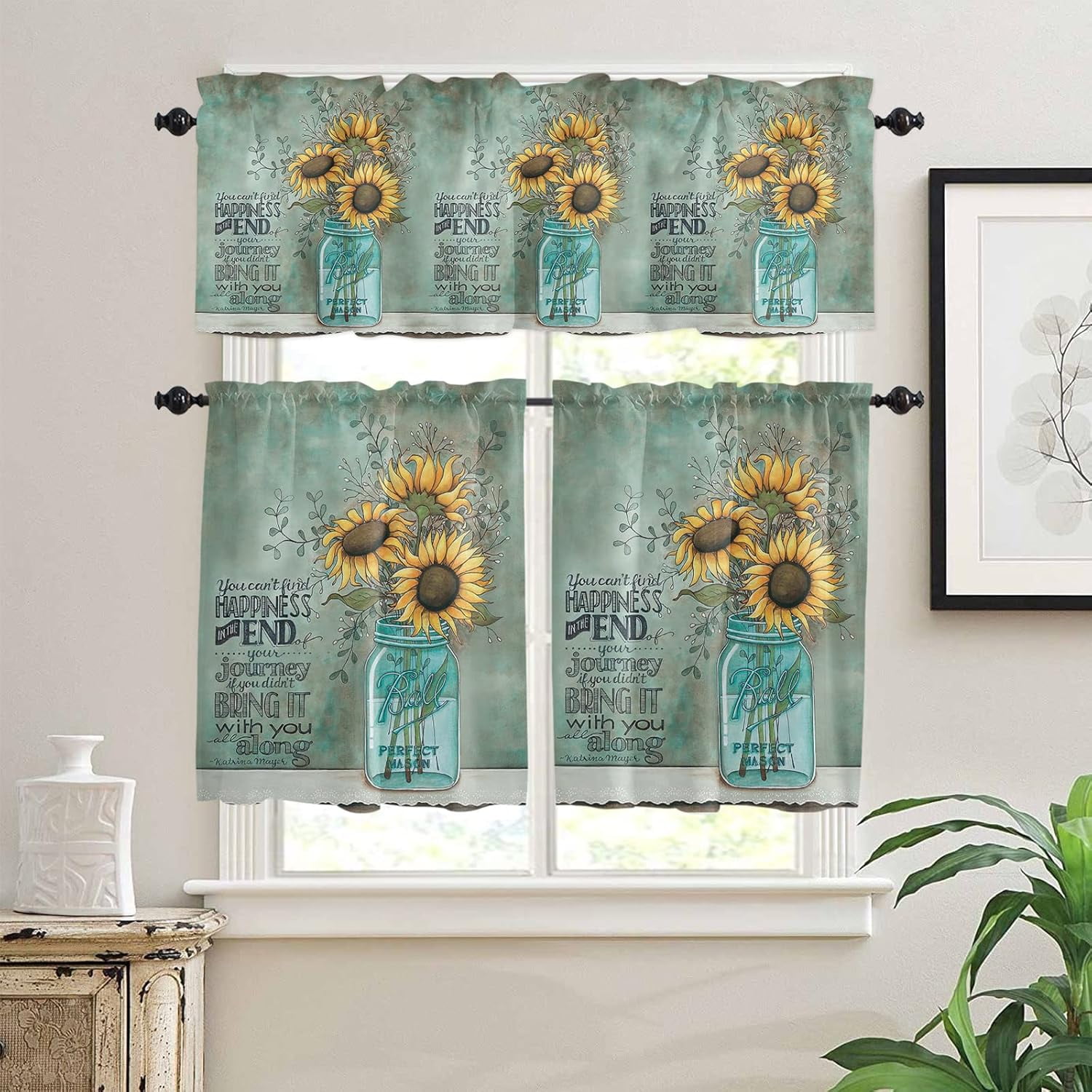 3 Piece Curtains Tiers and Valances Set, Sunflower Mason Jar Positive ...