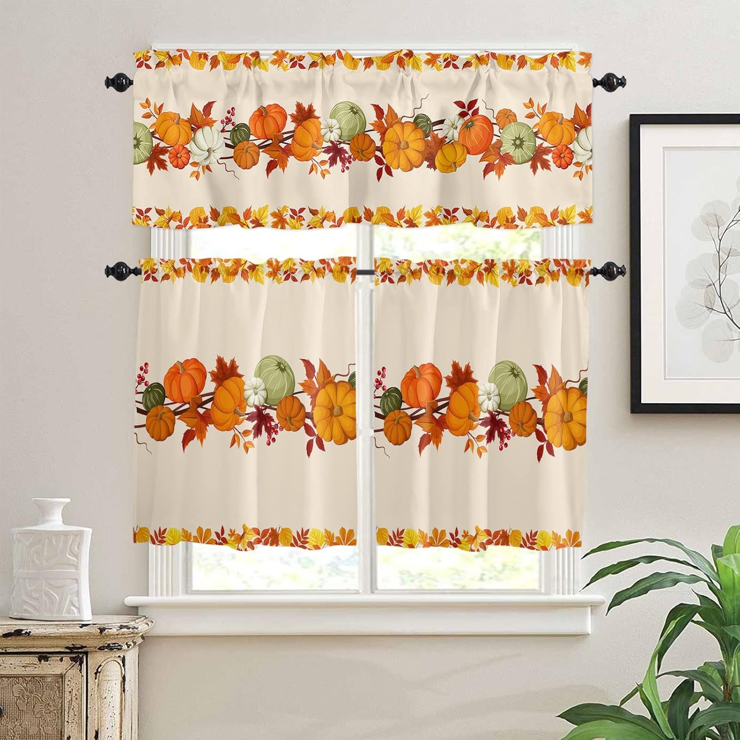 3 Piece Curtains Tiers and Valances Set, Thanksgiving Fall Pumpkin ...