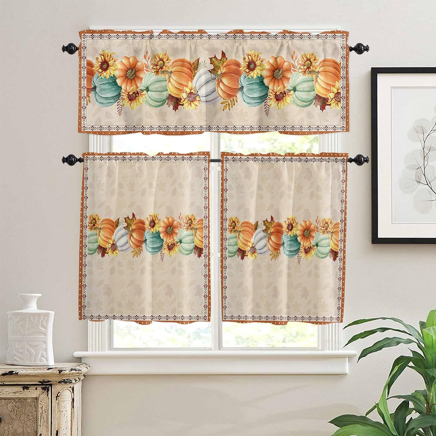3 Piece Curtains Tiers and Valances Set, Thanksgiving Sunflower Pumpkin ...