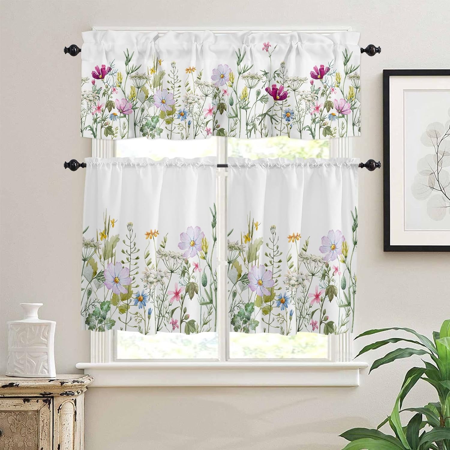 3 Piece Curtains Tiers and Valances Set, Wildflowers Spring Watercolor ...