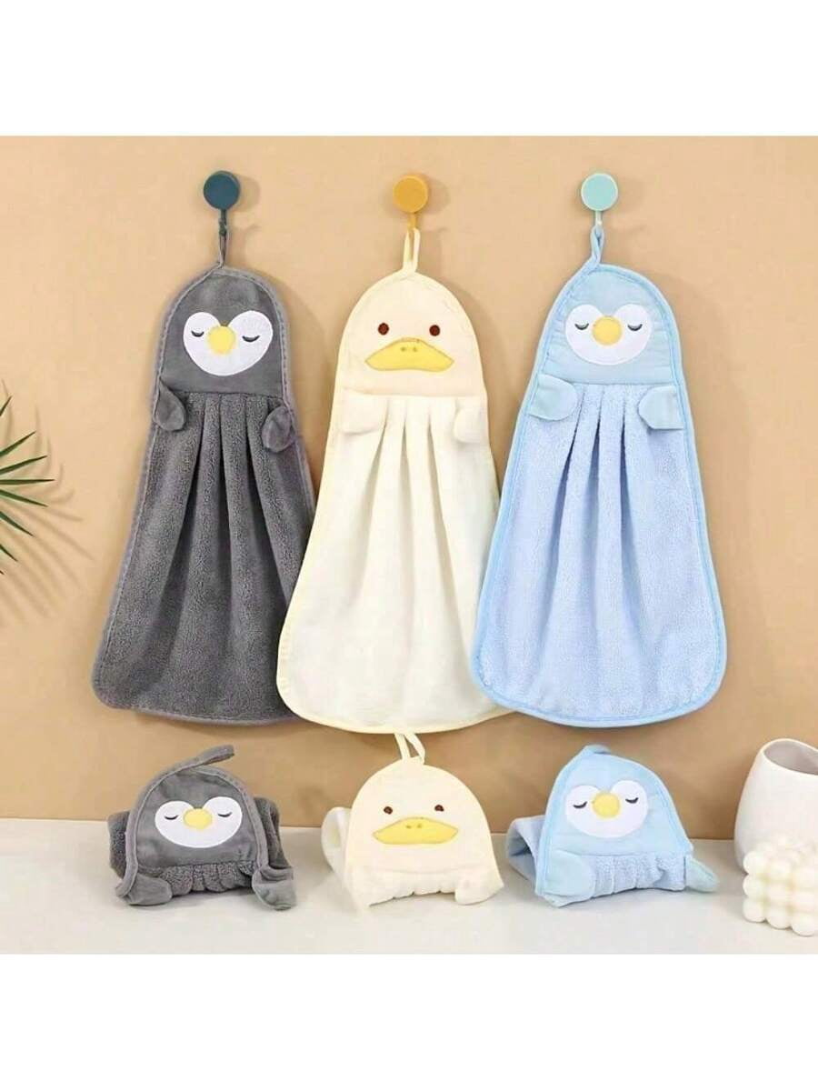 3-Piece Cute Cartoon Duck & Penguin Hanging Towels - Soft Coral Fleece ...