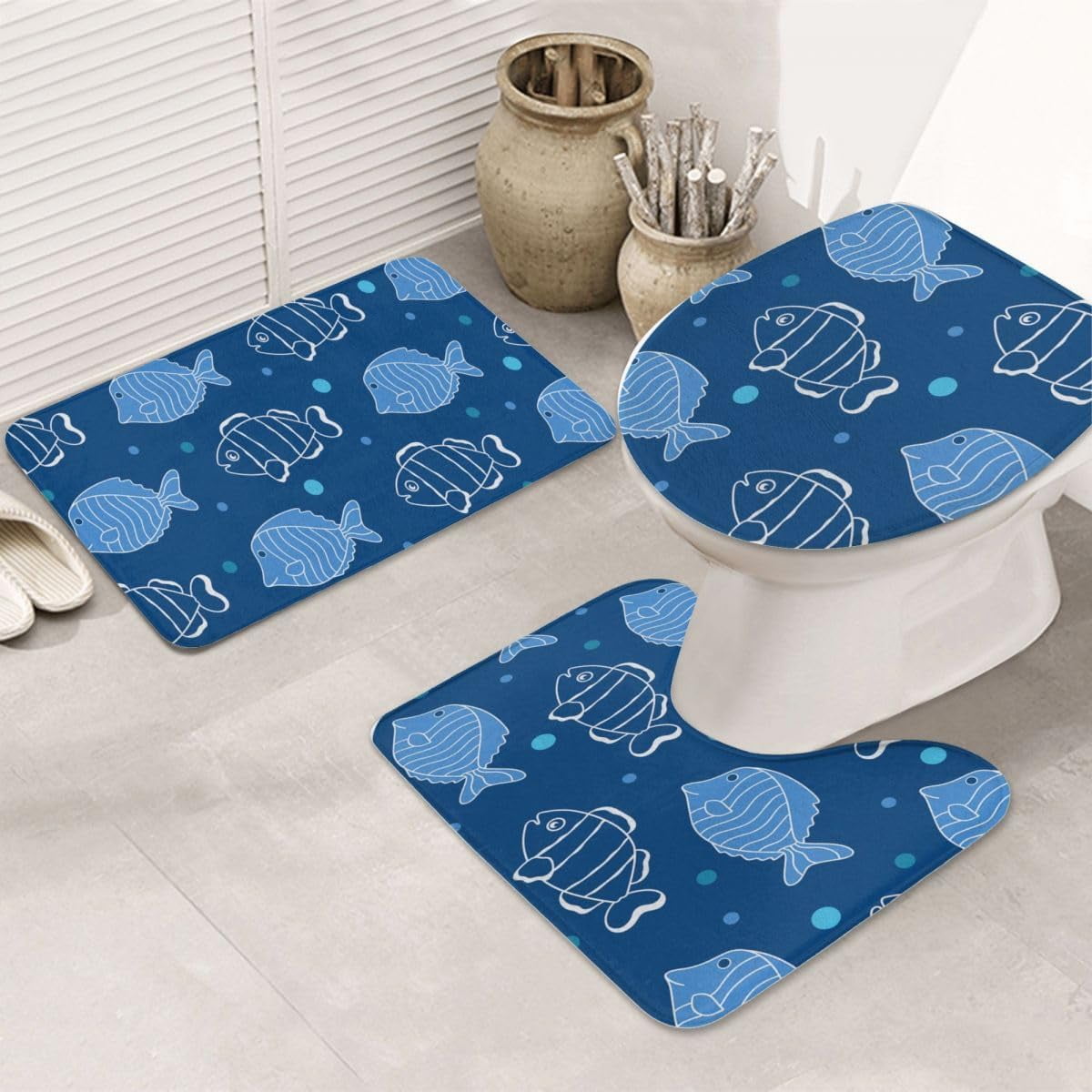 3 Piece Cute Fish Bath Rug Sets Marine Water Sea Life Fishes Blue Bath ...