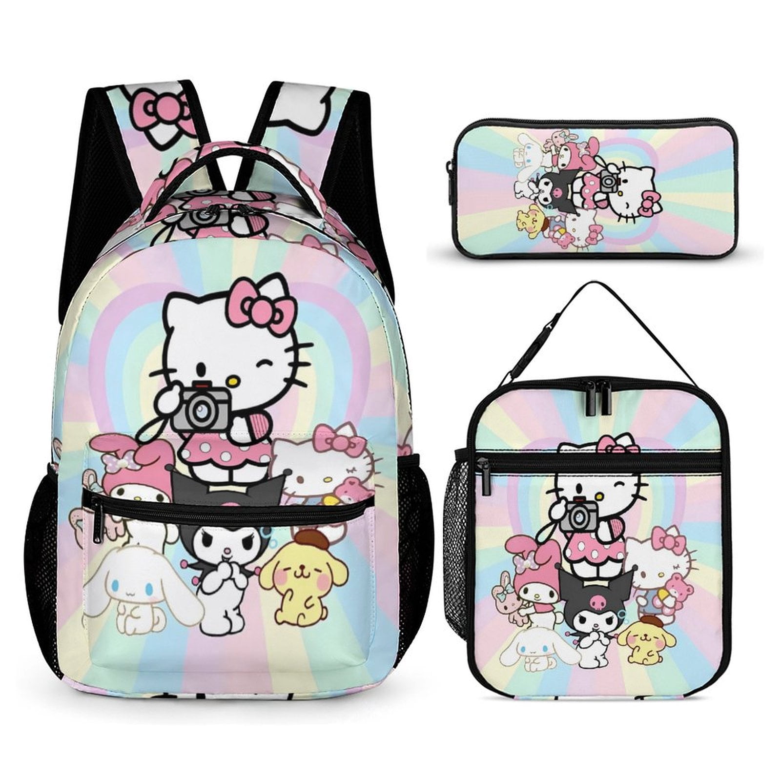 3 Piece Cute Kitty Kuromi Backpack Set, Large Capacity Double Backpack ...