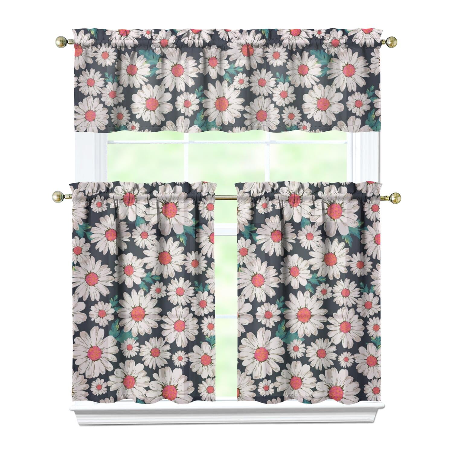 3-Piece Daisy Kitchen Curtain Set - Ruffled Valance and Tier Curtains ...