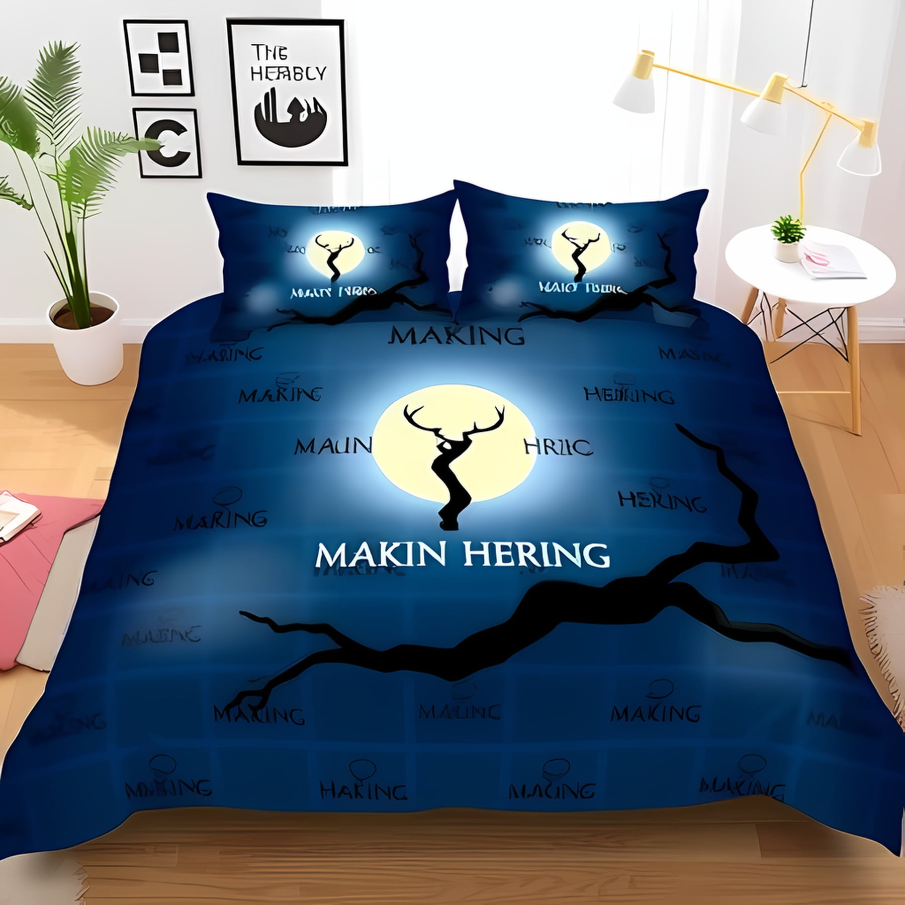 3-Piece Dark Blue Bedding Set with Stag & Moon Design - Includes Duvet ...