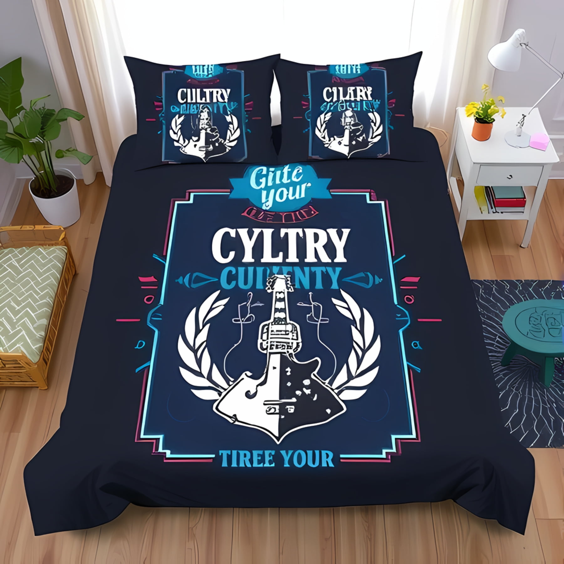 3-Piece Dark Blue Duvet Cover Set with Guitar and Treble Design Laurel ...