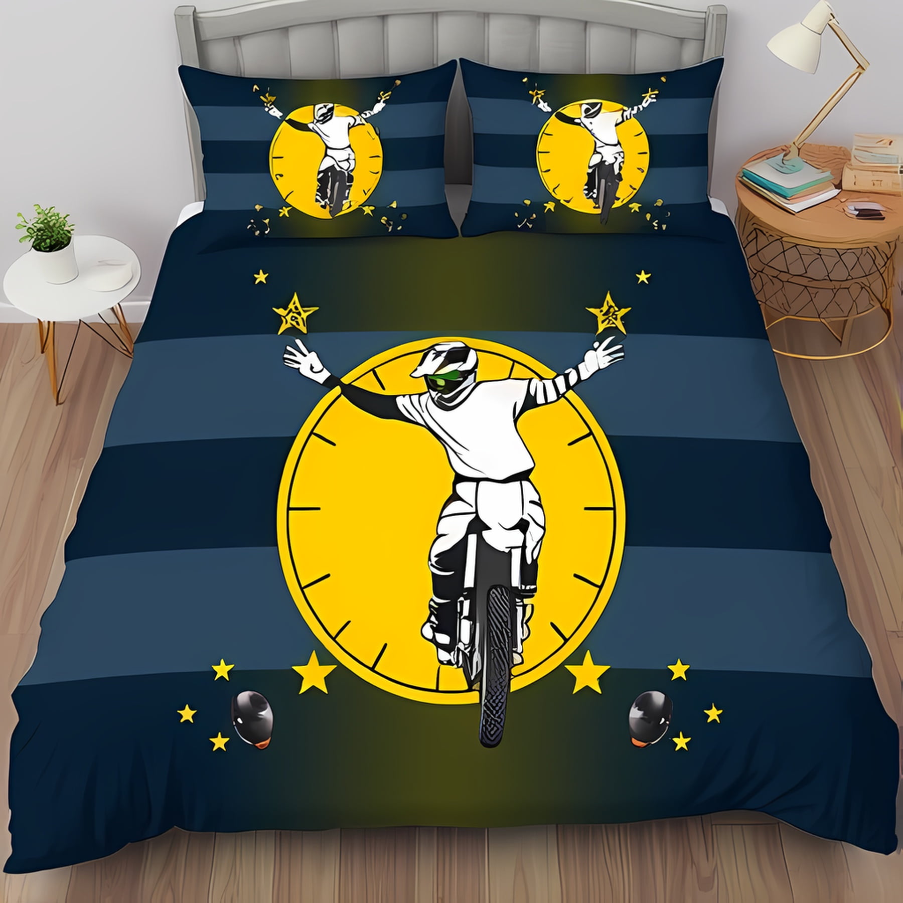 3-Piece Dark Blue Duvet Cover Set with Vibrant Yellow Motocross Rider ...