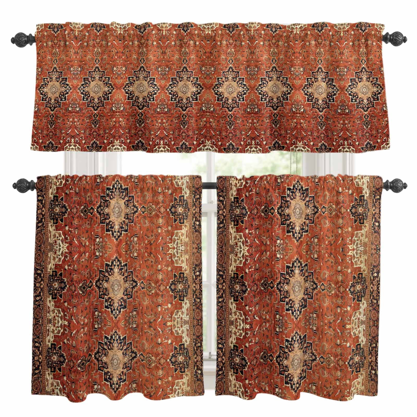 3 Piece Dark Brown Black Floral Kitchen Curtain Valance and Tiers Set ...