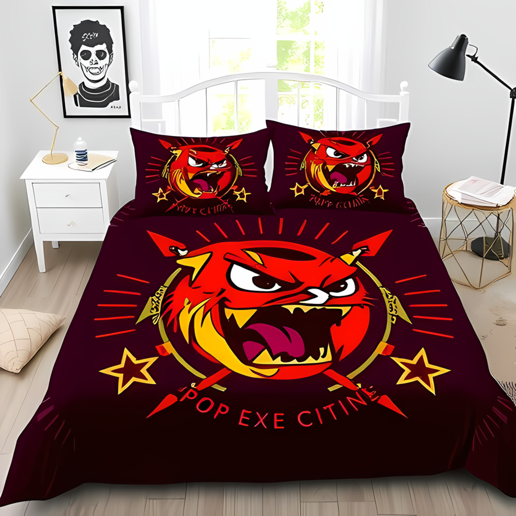 3-Piece Dark Burgundy Duvet Cover Set with Bold Cartoon Oni Design ...