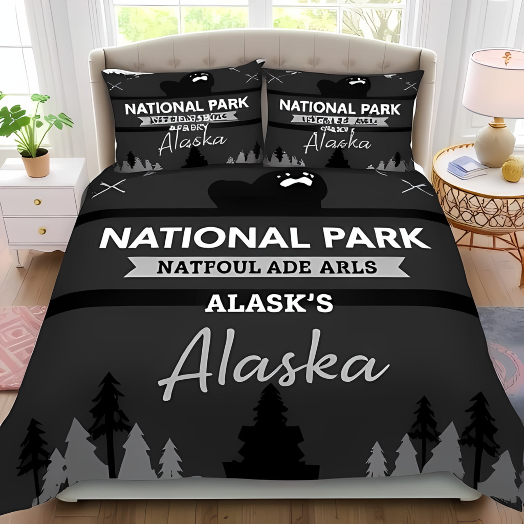 3-Piece Dark Gray Duvet Cover Set with Bear 'National Park' Design ...