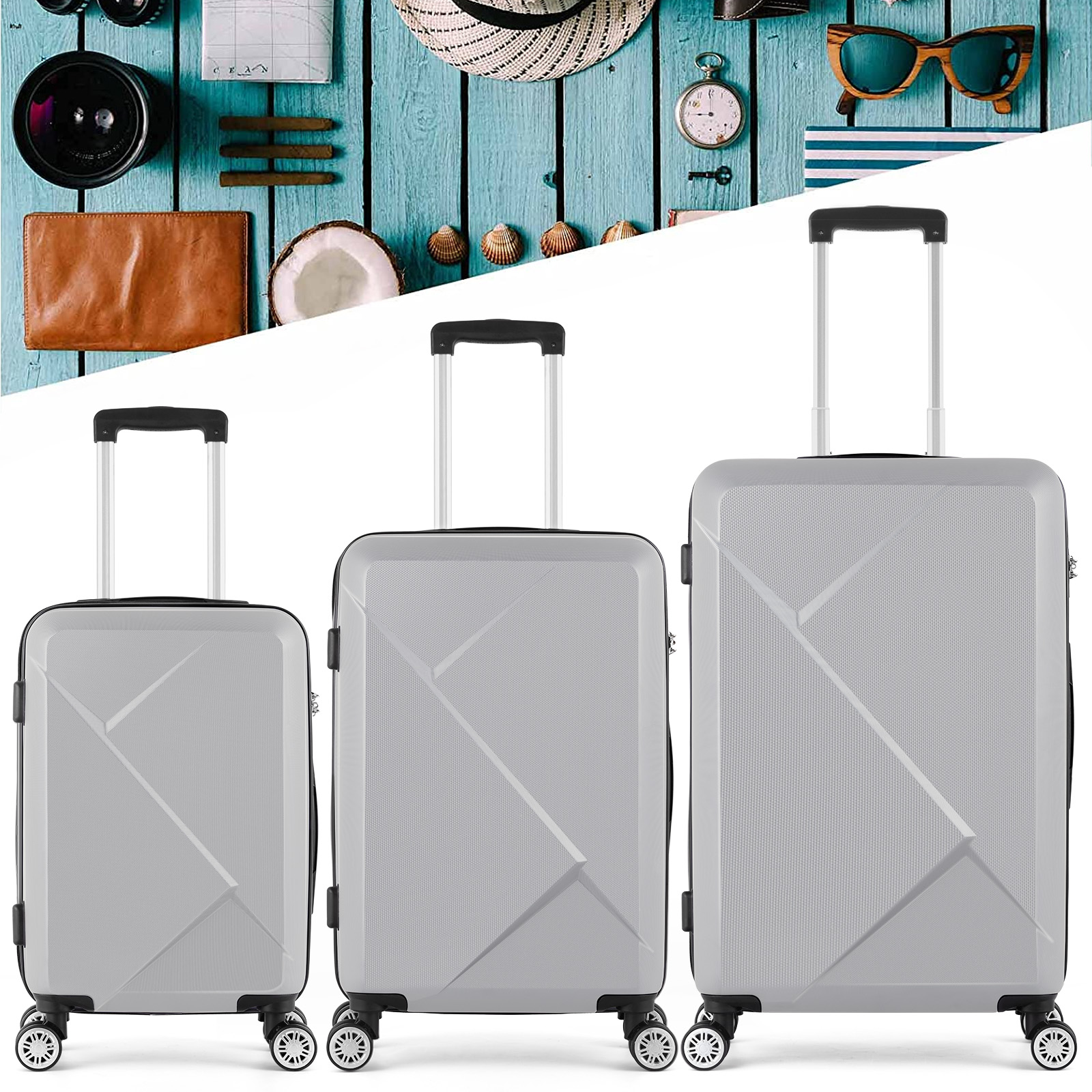 3 Piece Dark Gray Luggage Set Hardside Luggage 20/24/28In+Spinner ...