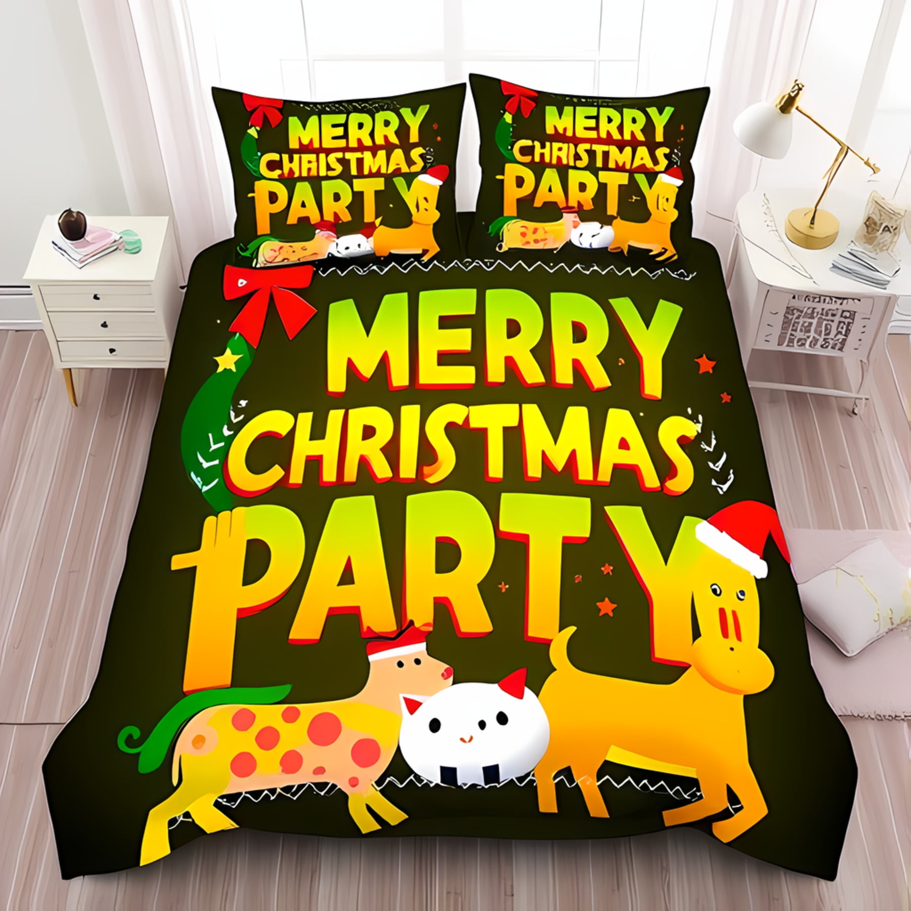 3-Piece Dark Green Christmas Duvet Cover Set with " Merry Christmas ...