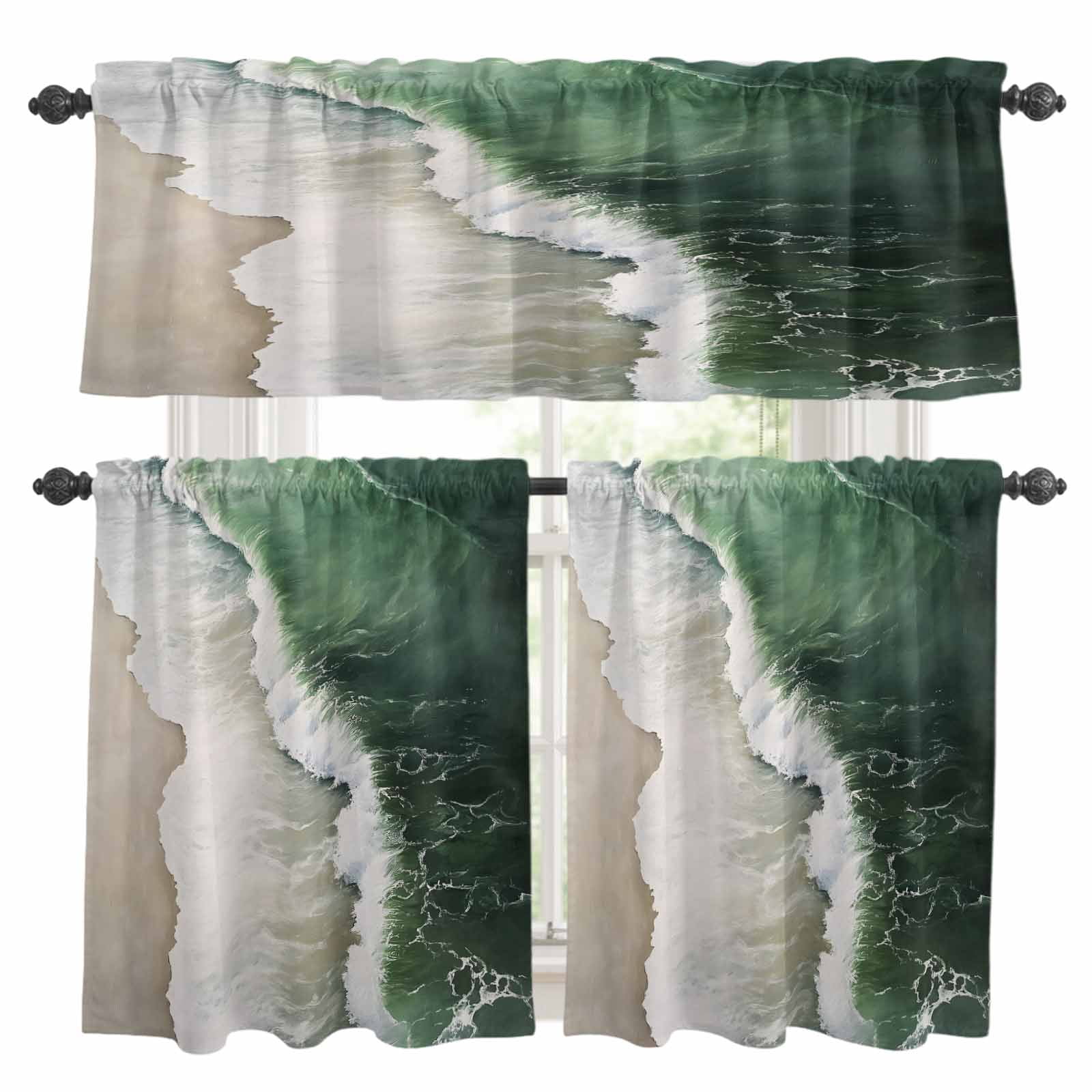 3 Piece Dark Green Kitchen Curtain Valance and Tiers Set Ocean Wave ...