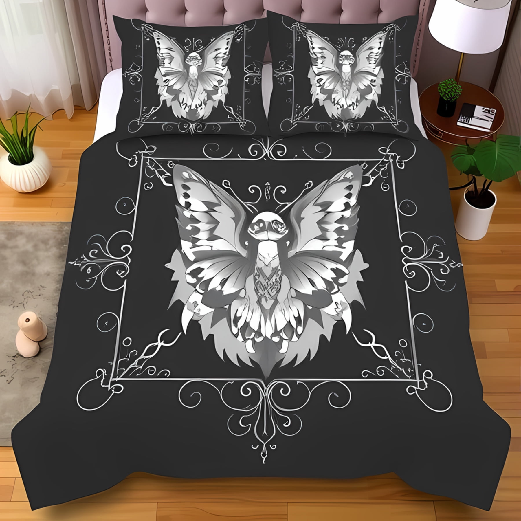 3-Piece Dark Grey Duvet Cover Set with Intricate Butterfly Design ...