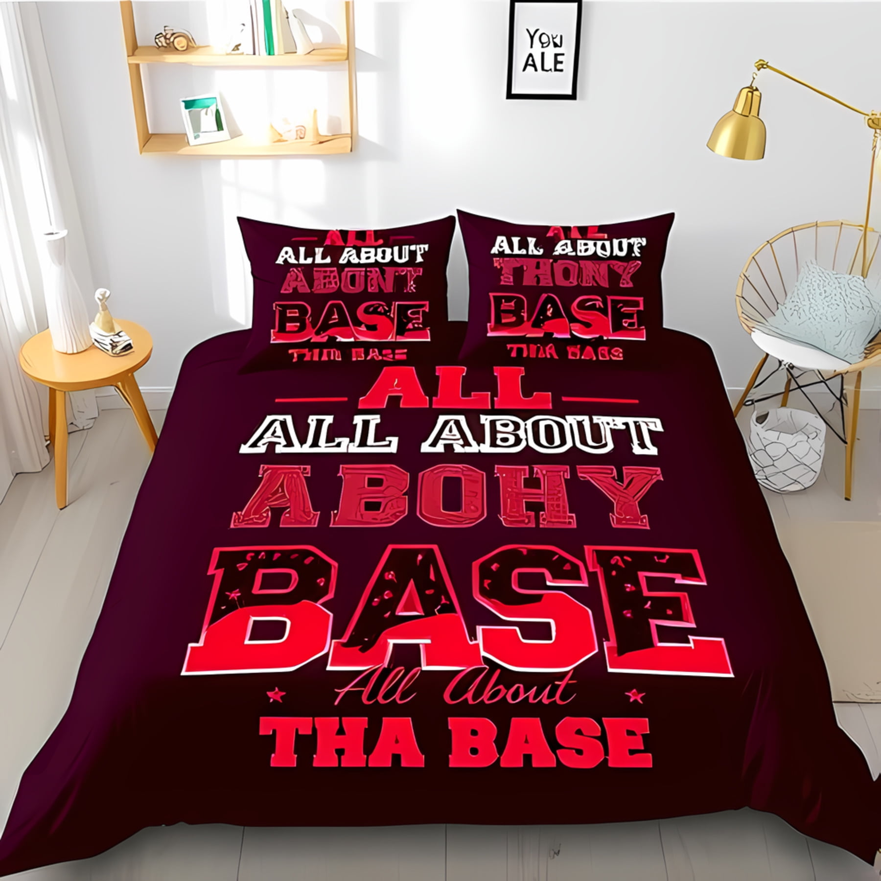3-Piece Dark Maroon Duvet Cover Set with Bold 'All About Tha Base ...