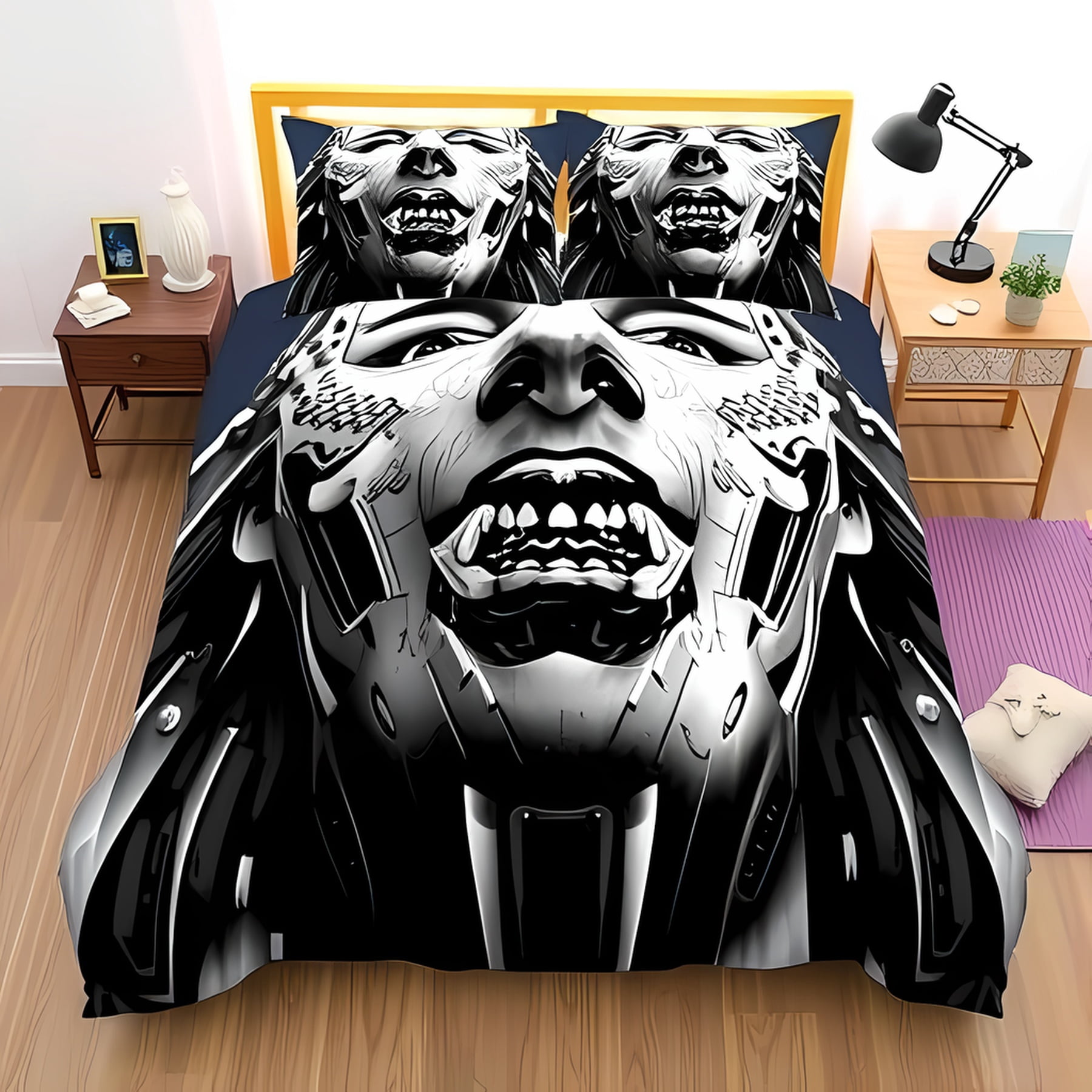 3-Piece Dark Navy Blue Duvet Cover & Pillowcase Set - Monochrome Gothic ...