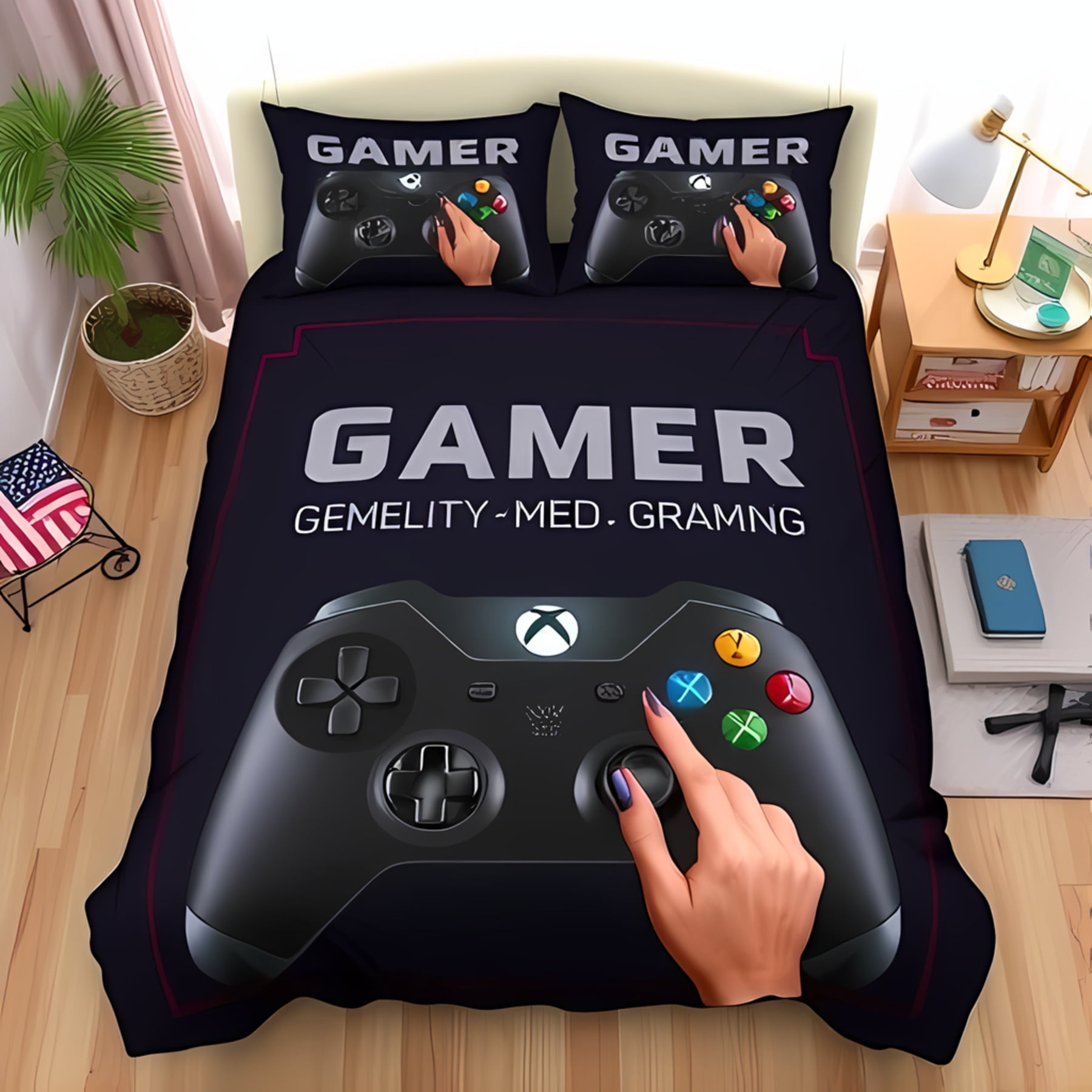 3-Piece Dark Navy Blue Duvet Cover Set with Controller Design & 'GAMER ...