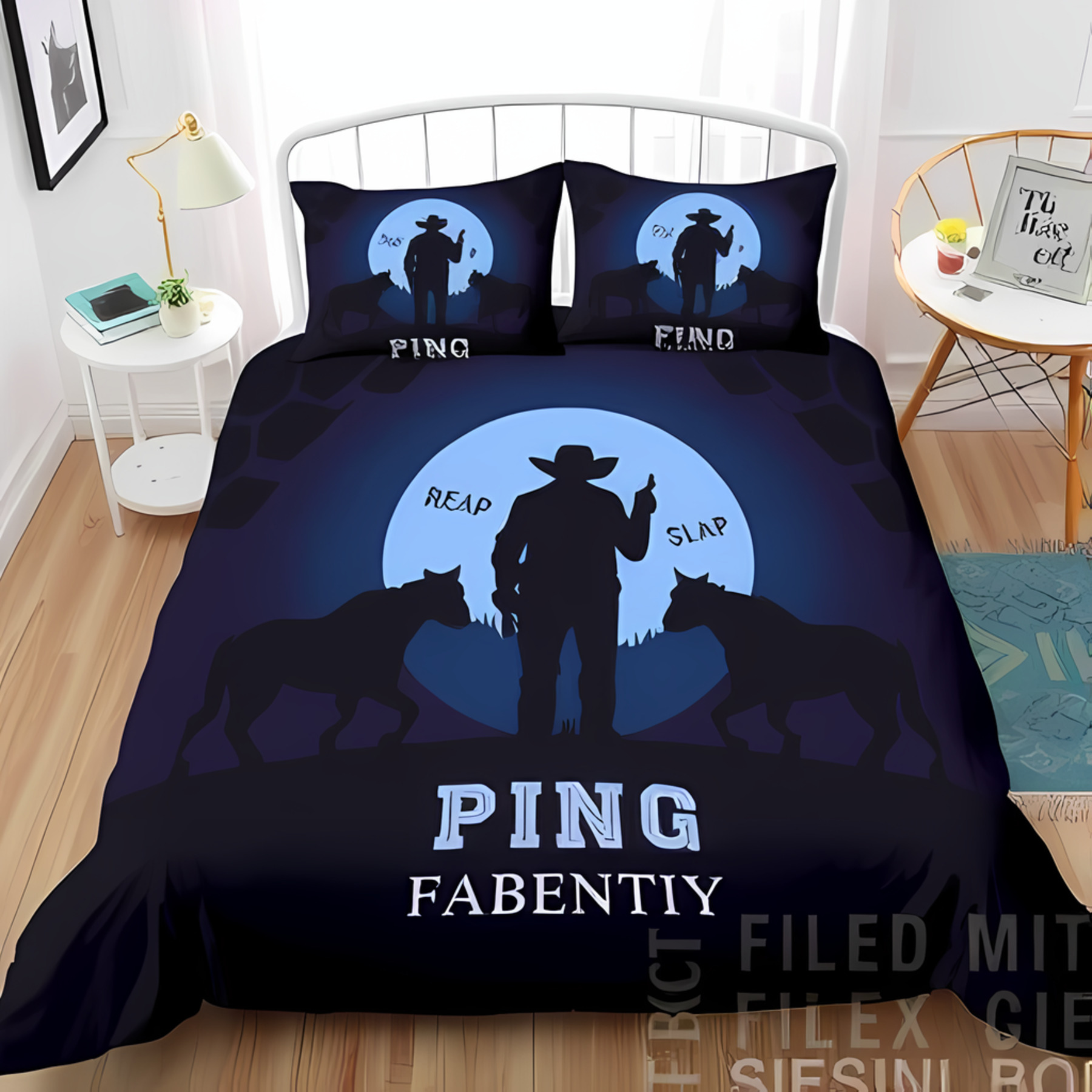 3-Piece Dark Navy Blue Duvet Cover Set with Cowboy and Wolves Against ...