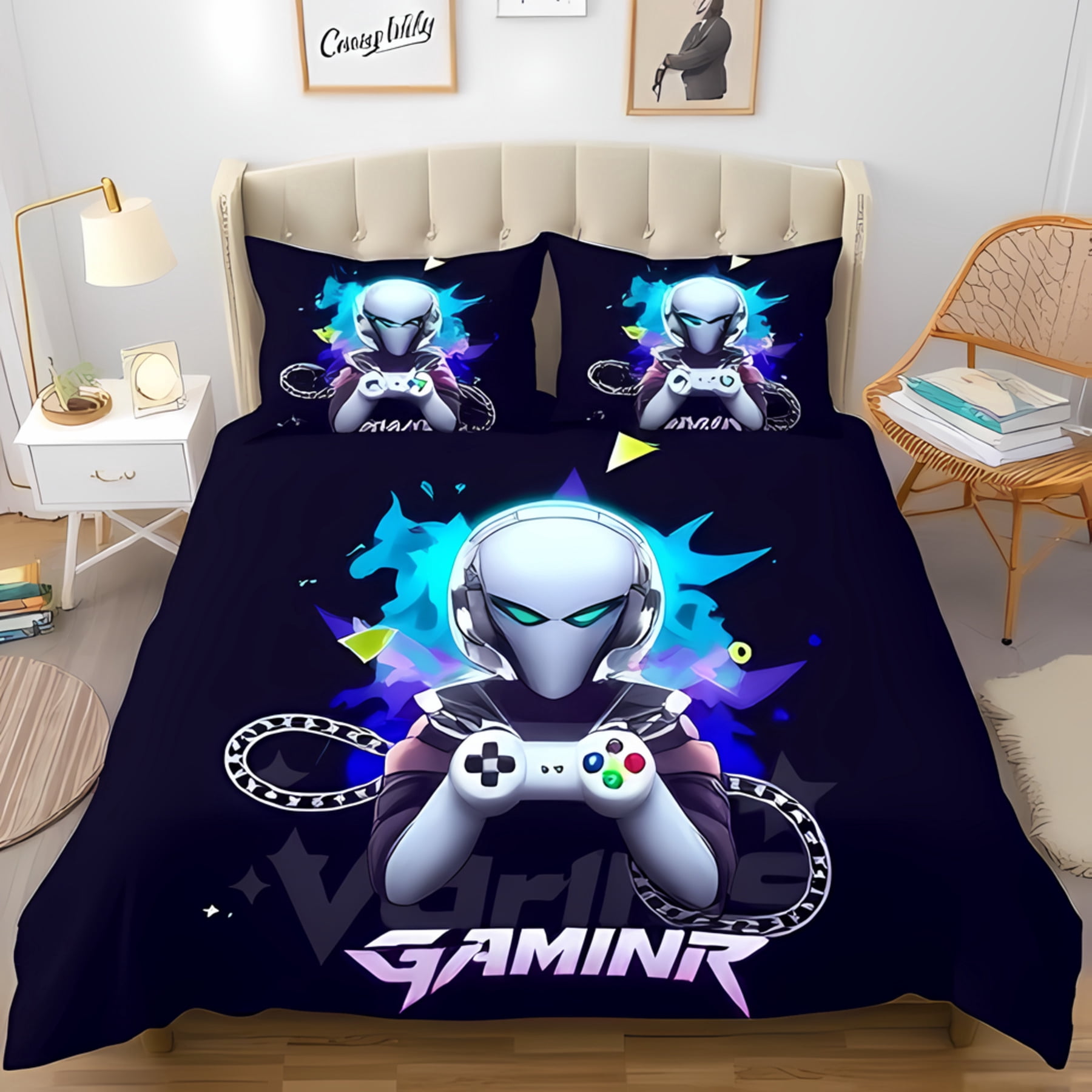3-Piece Dark Navy Blue Duvet Cover Set with Vibrant Gamer Character ...