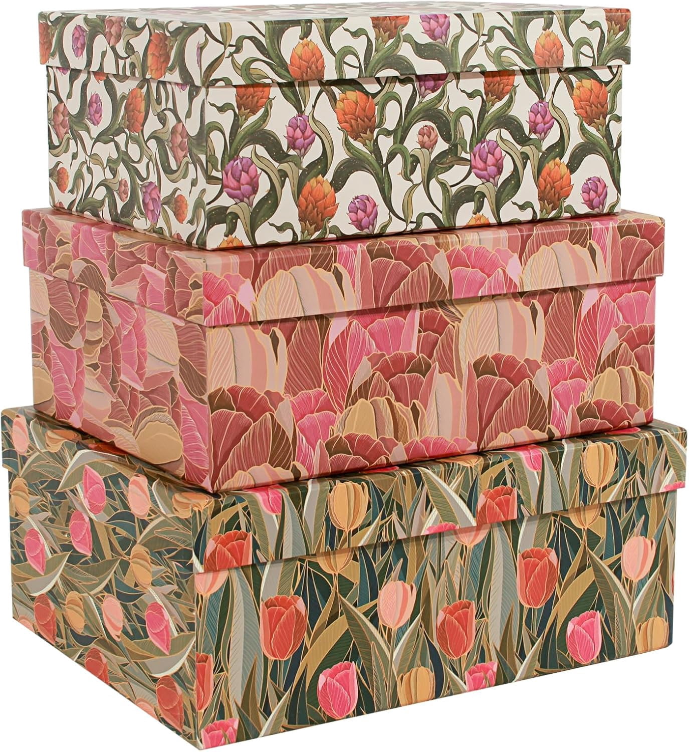 3-Piece Decorative Storage Boxes with Lids, Tulip Design, Vintage ...