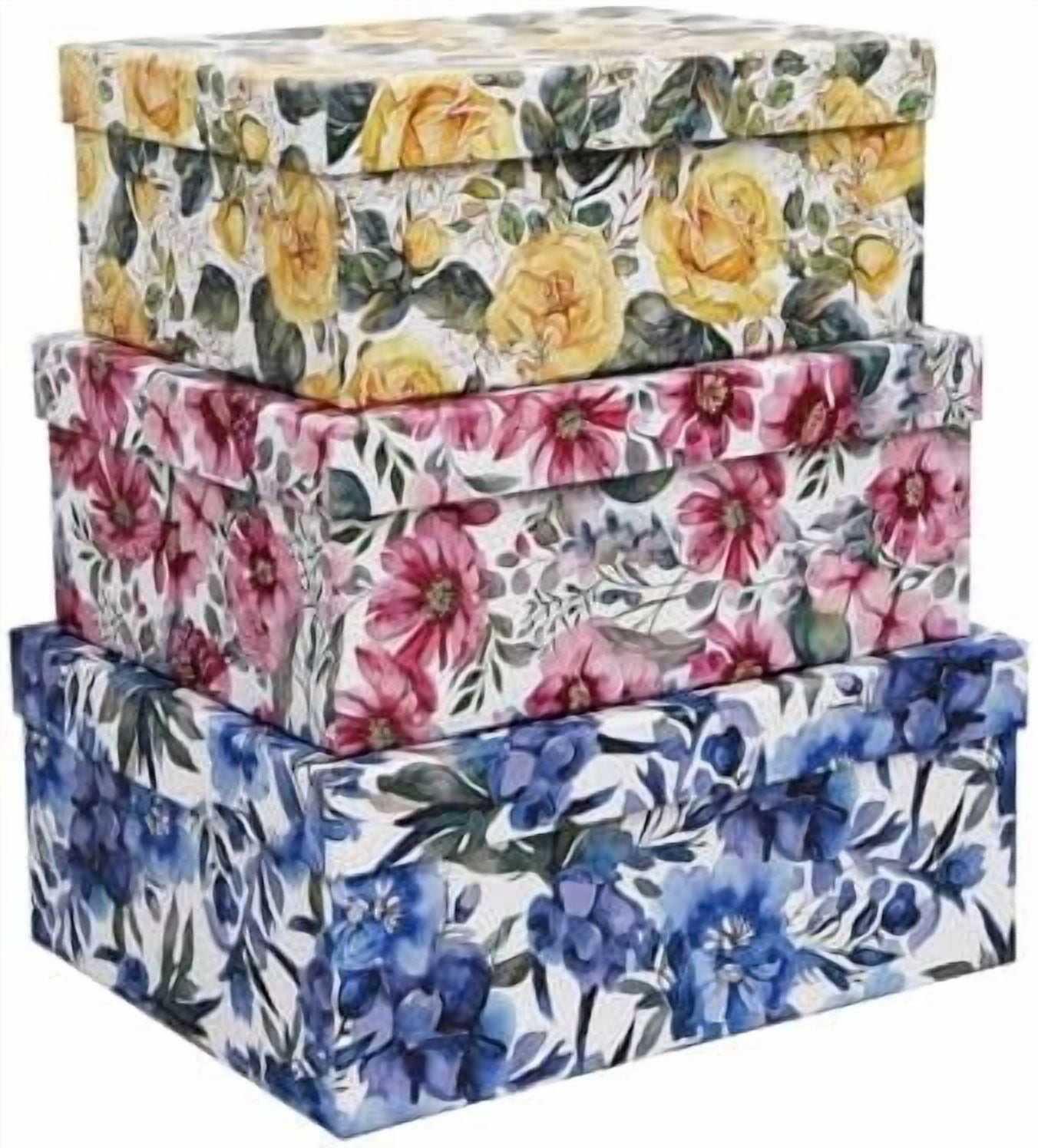 3-Piece Decorative Storage Boxes with Lids, Watercolor Floral Design ...