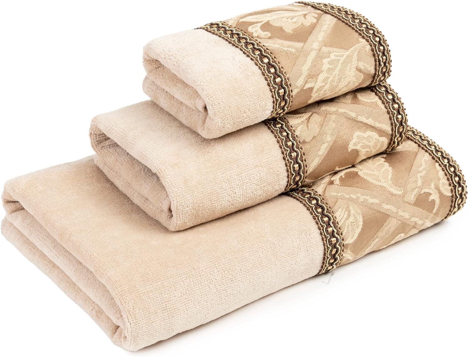 3-Piece Decorative Towel Set, Light Gold Jacquard Fabric Band with Double Row Gimp Braid, Pure ...