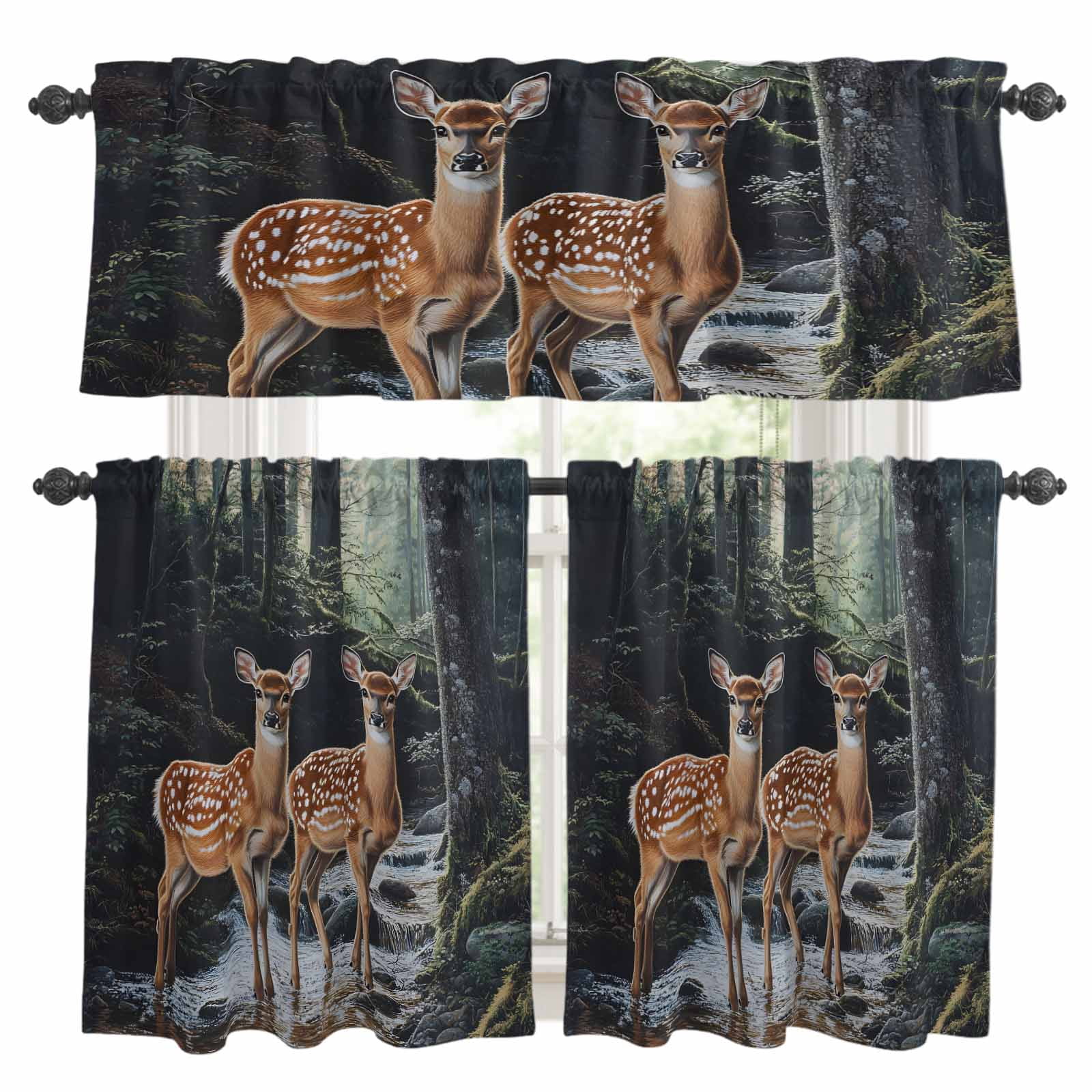 3 Piece Deer Animal Kitchen Curtain Valance and Tiers Set Forest River ...