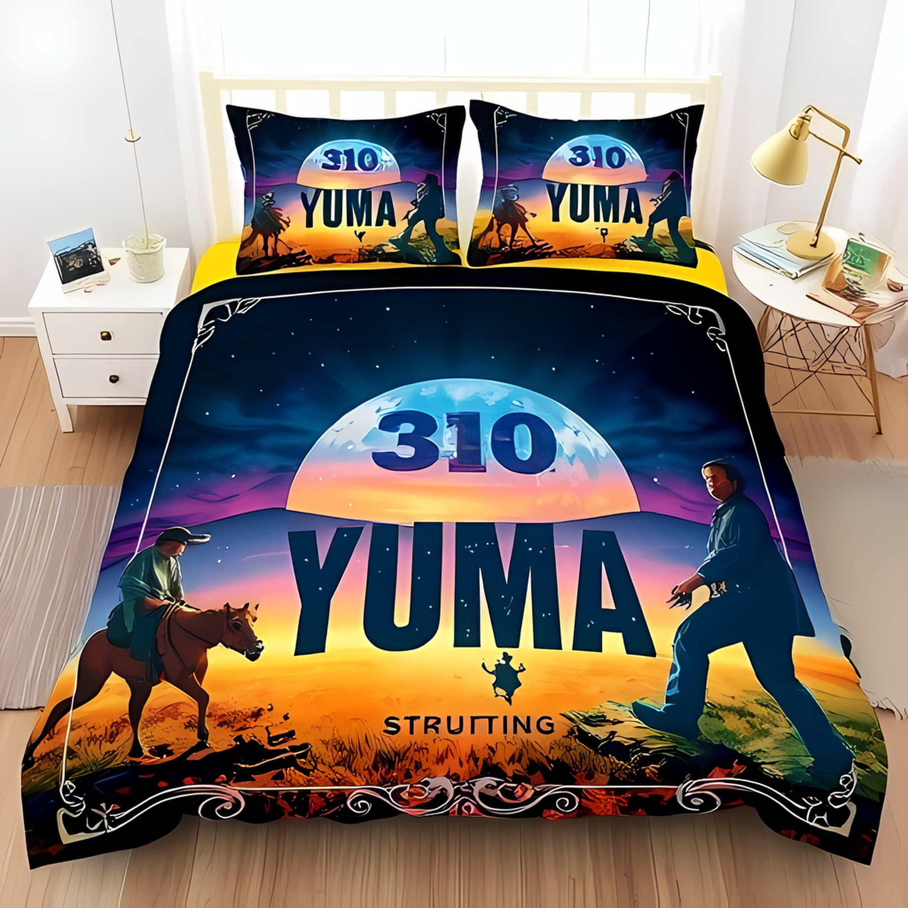 3-Piece Desert Night Bedding Set: Duvet Cover & Pillowcases with Cowboy ...