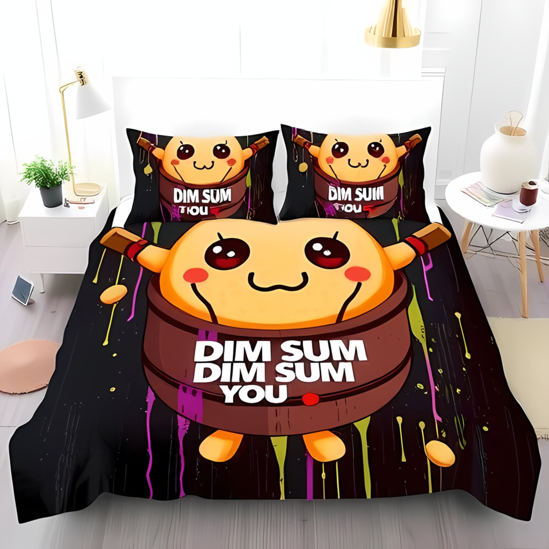3-Piece Dim Sum Duvet Cover Set - Playful Cartoon Characters & Colorful ...