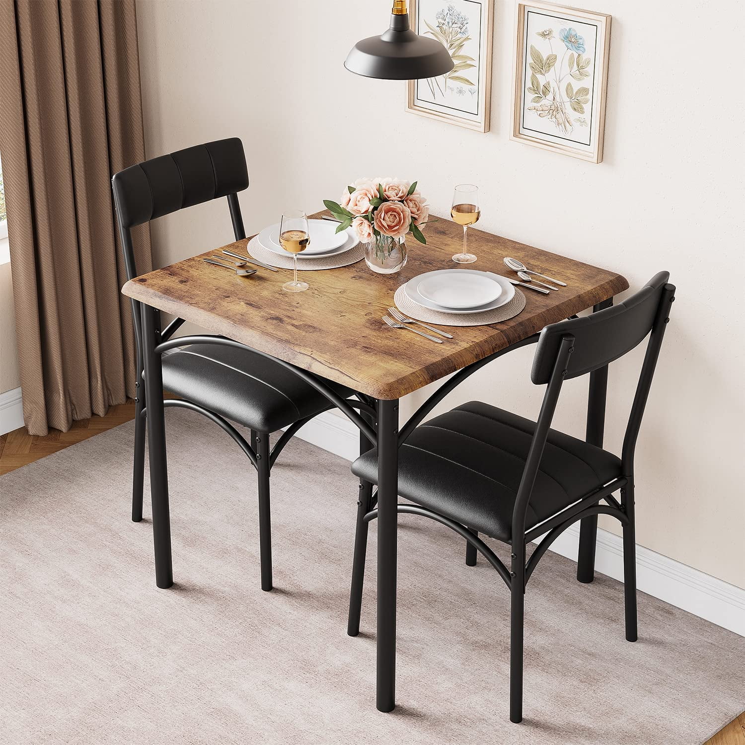 3-Piece Dining Room Metal and Wood Square Set Kitchen Table and Pu ...