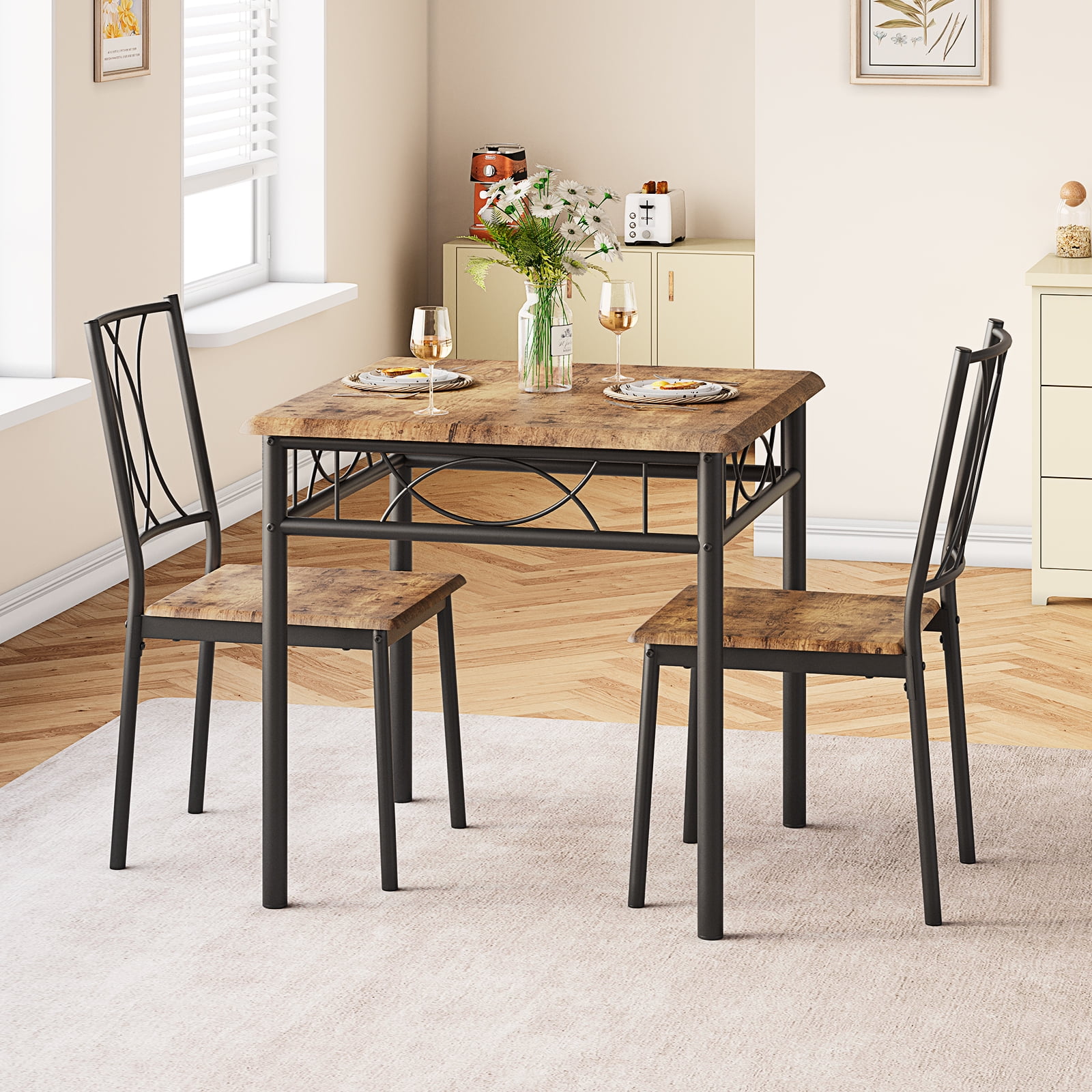 3-Piece Dining Room Wooden Kitchen Table and Chair Sets for Small Space ...