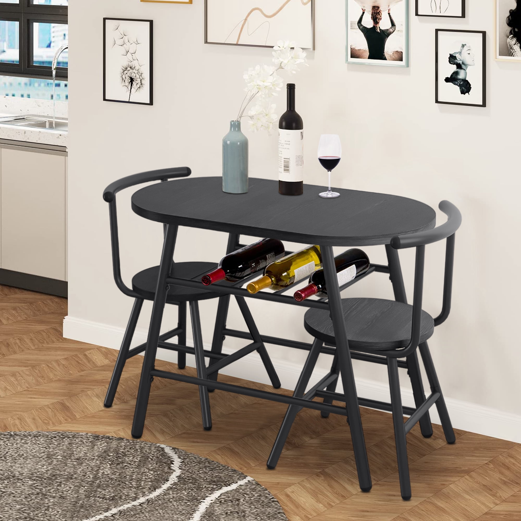 3 Piece Dining Set with Storage, Gray Pub Table Set with Wine Rack and ...