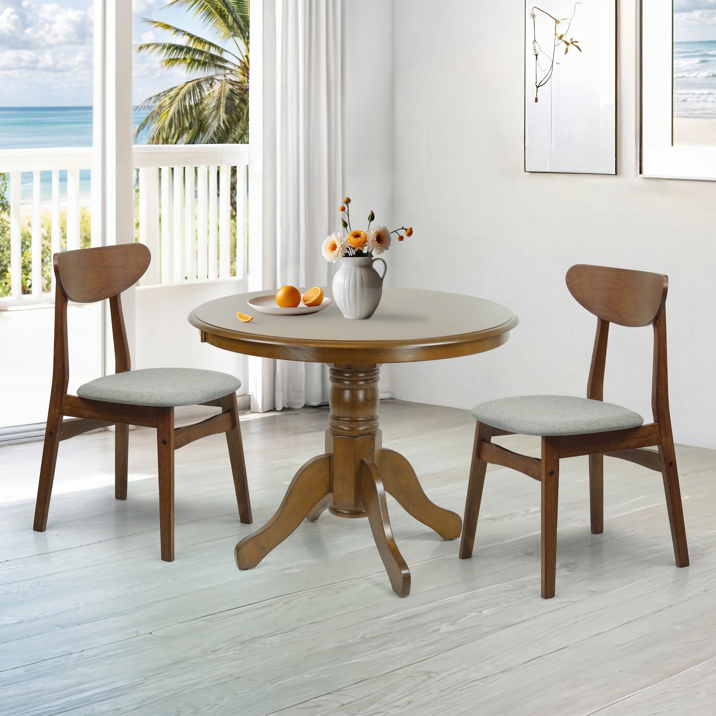 3 Piece Dining Table Set, 2 Solid Wood Yumiko Chairs w Rolf Round ...