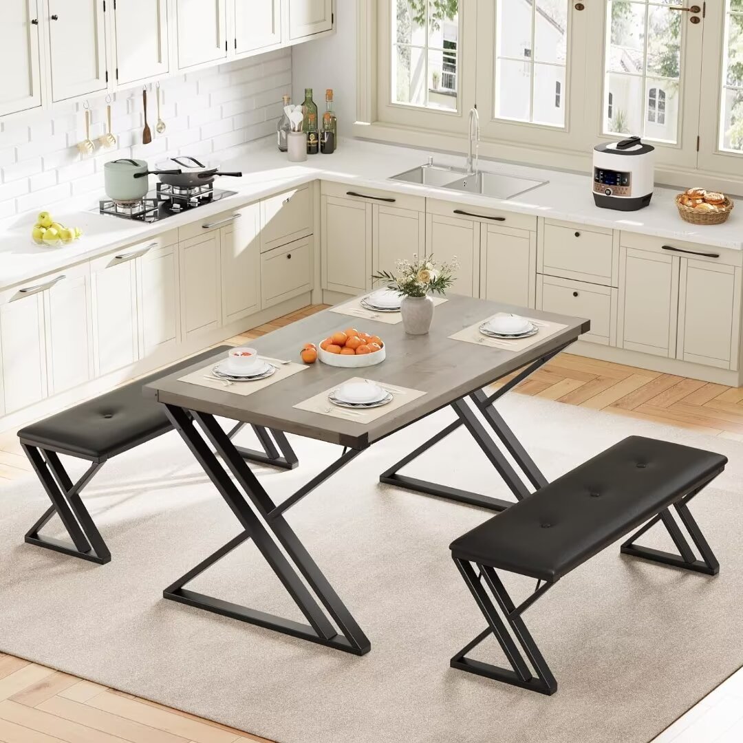 3-Piece Dining Table Set for 4, Dining Table Benches Set with 2 Upholstered Benches, Industrial ...