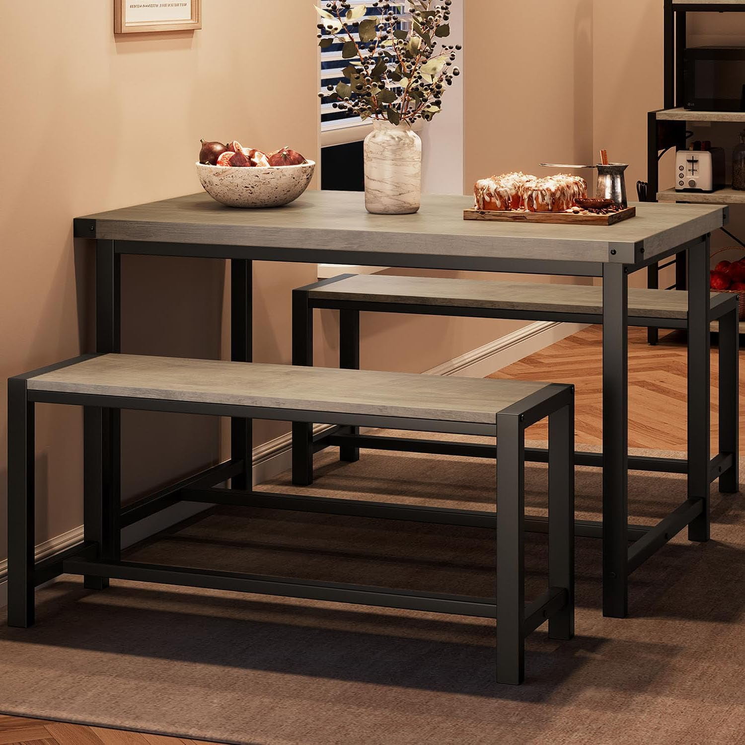 3 Piece Dining Table Set for 4 with Space-Saving Benches, Tabletop ...