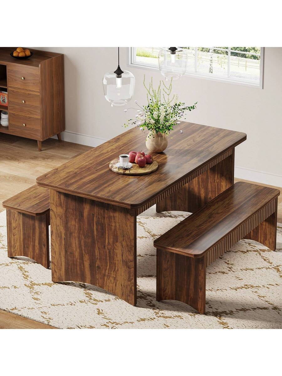 3-Piece Dining Table Set, 55" Dining Room Table With 2 Benches For 4-6 ...