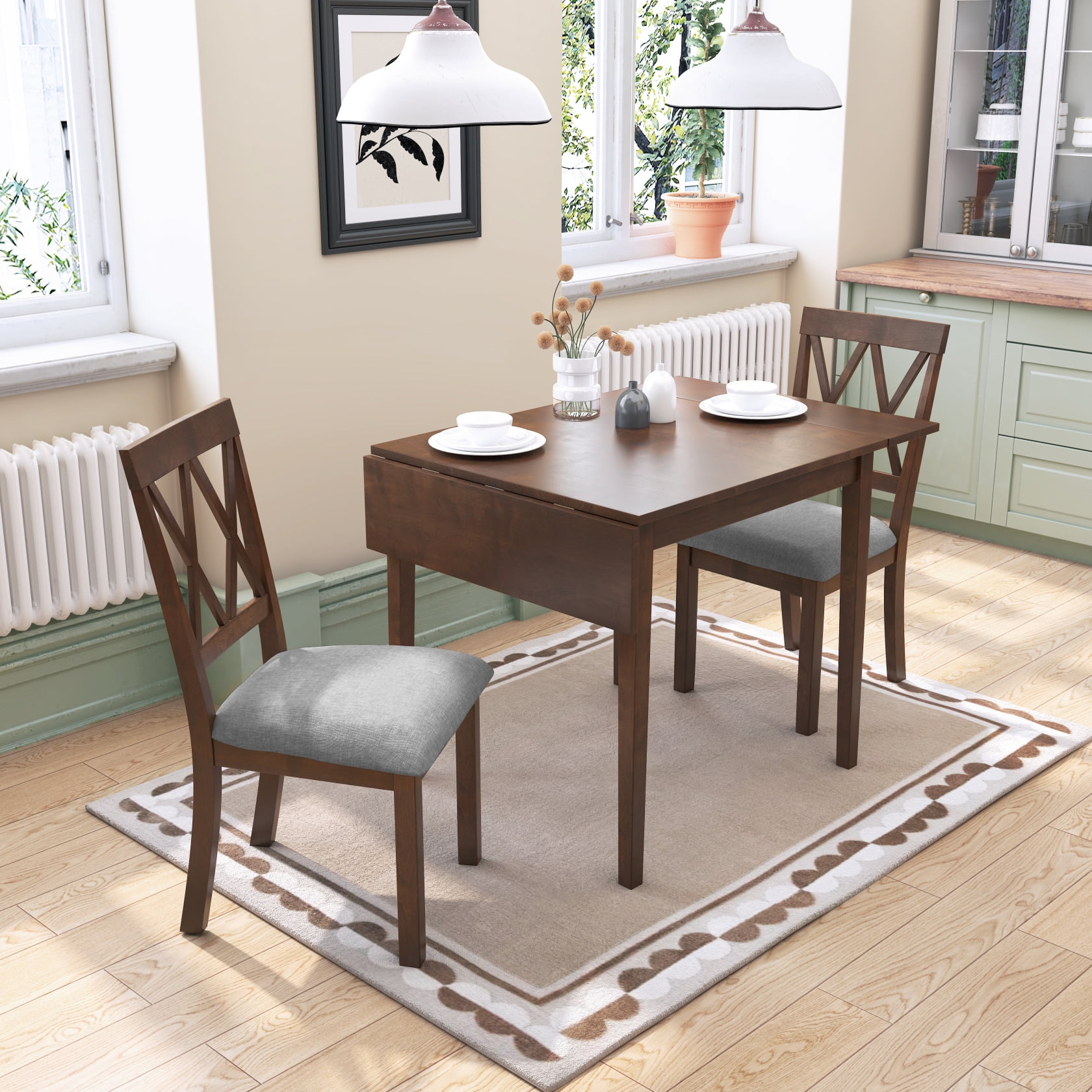 3 Piece Dining Table Set, Drop Leaf Dining Table and 2 Dining ...