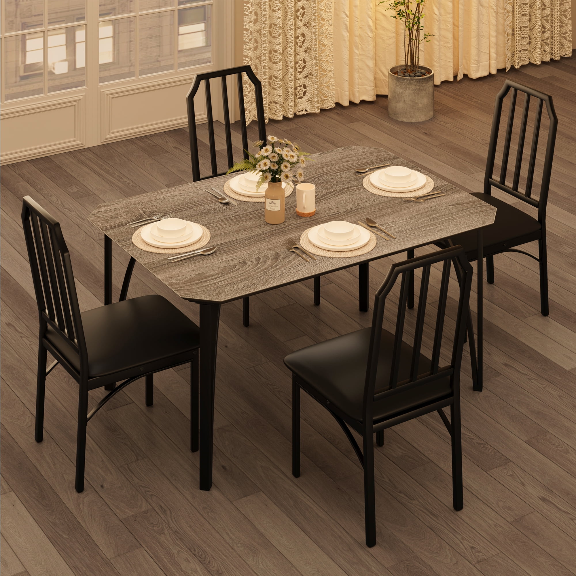 3 Piece Dining Table Set, Modern Chamfer Edge, Cushioned Chairs ...