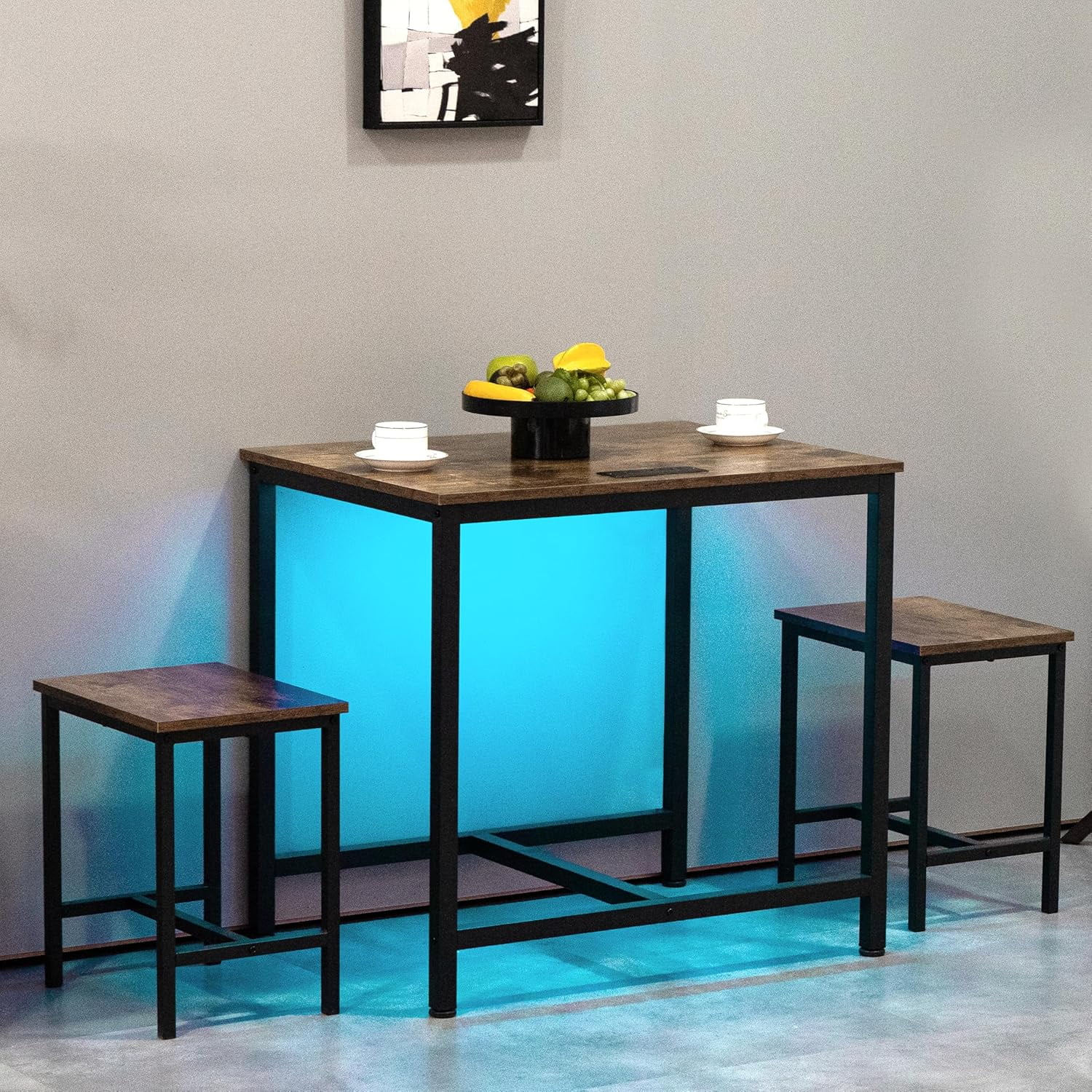 3-Piece Dining Table Set, Small Kitchen Table with 2 Chairs, LED Light ...