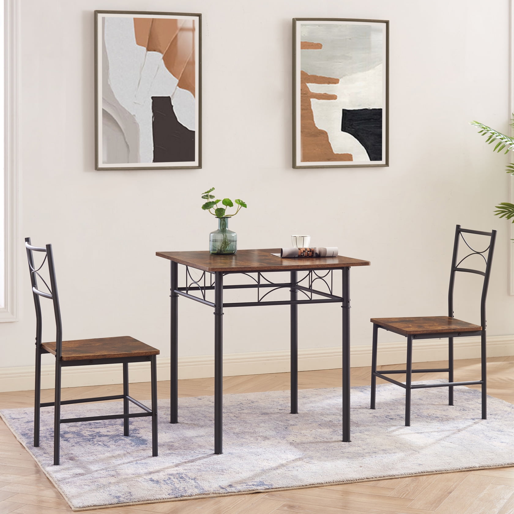 3-Piece Dining Table Set for 2,Dining Room Table Set with 2 Retro Brown ...