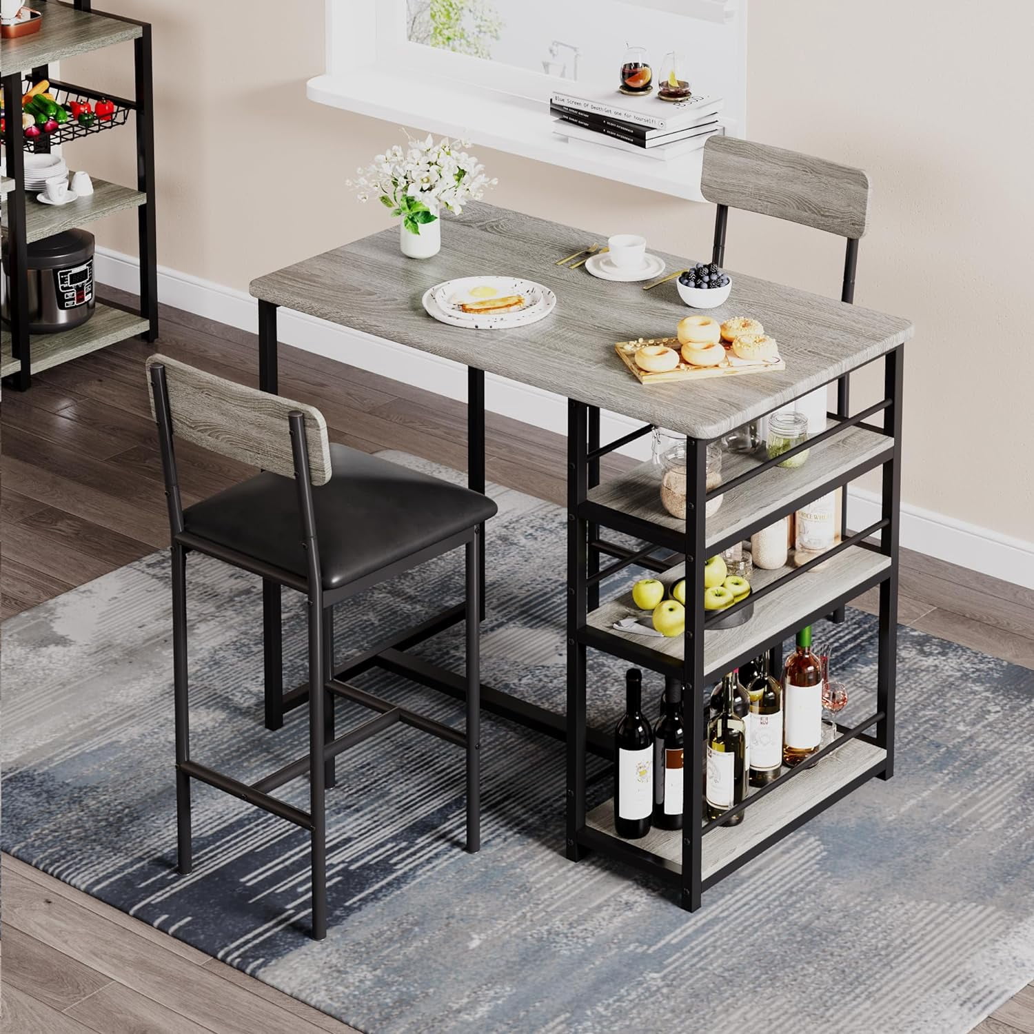 GARVEE 3 Piece Dining Set for 2 with Upholstered Chairs, Storage ...