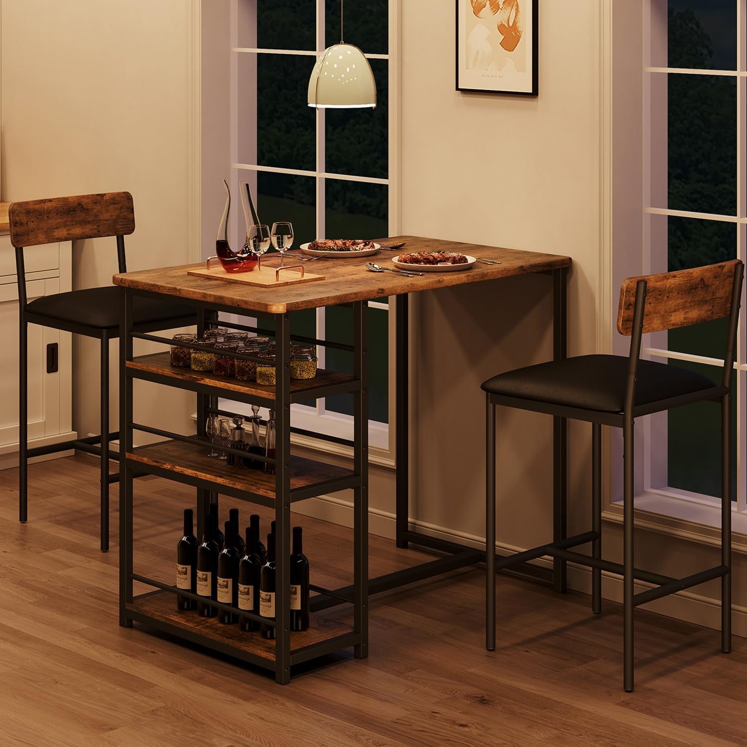 3 Piece Dining Table Set for 2 with 2 Upholstered Chairs and 3 Large ...
