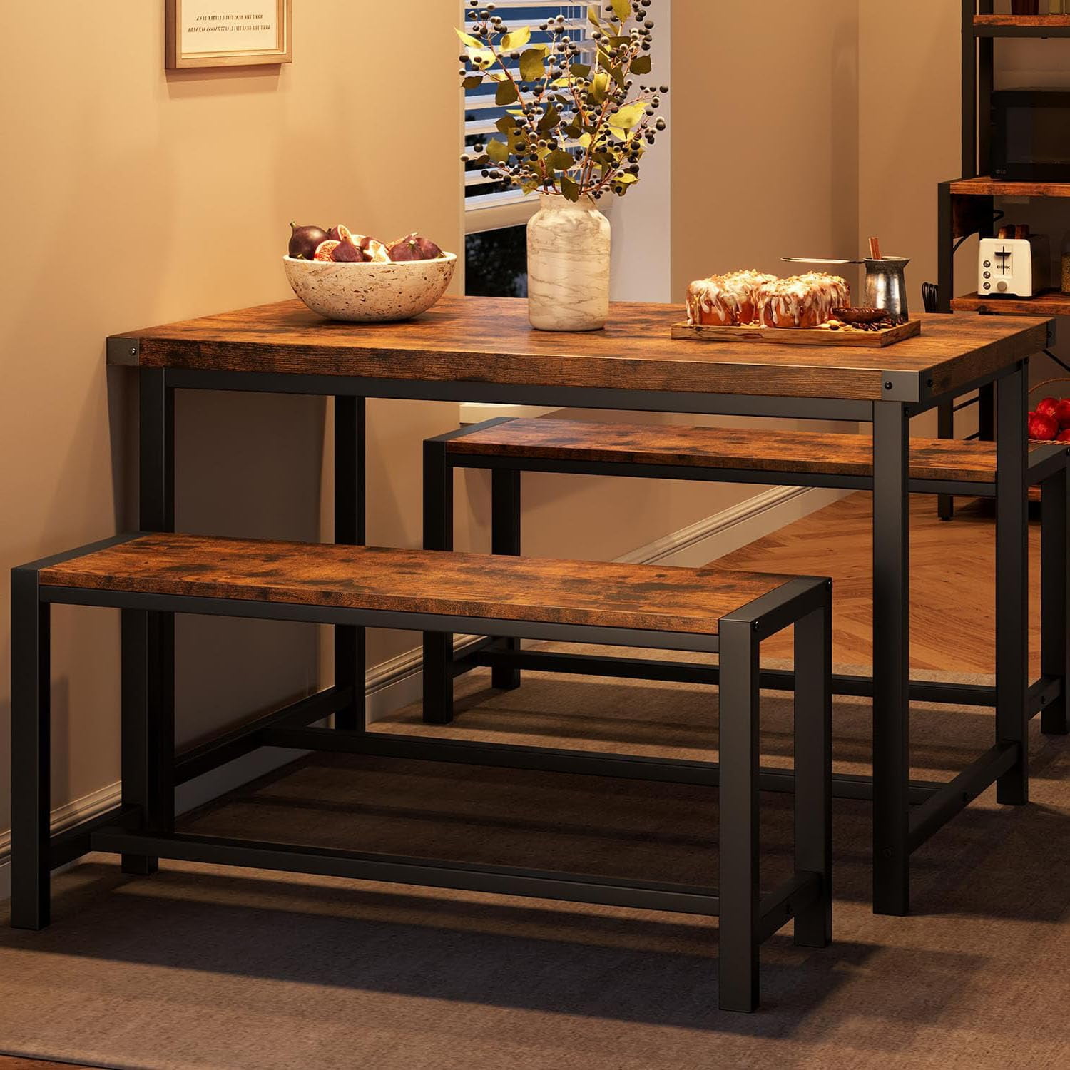 3 Piece Dining Table Set for 4 with Space-Saving Benches, Tabletop ...