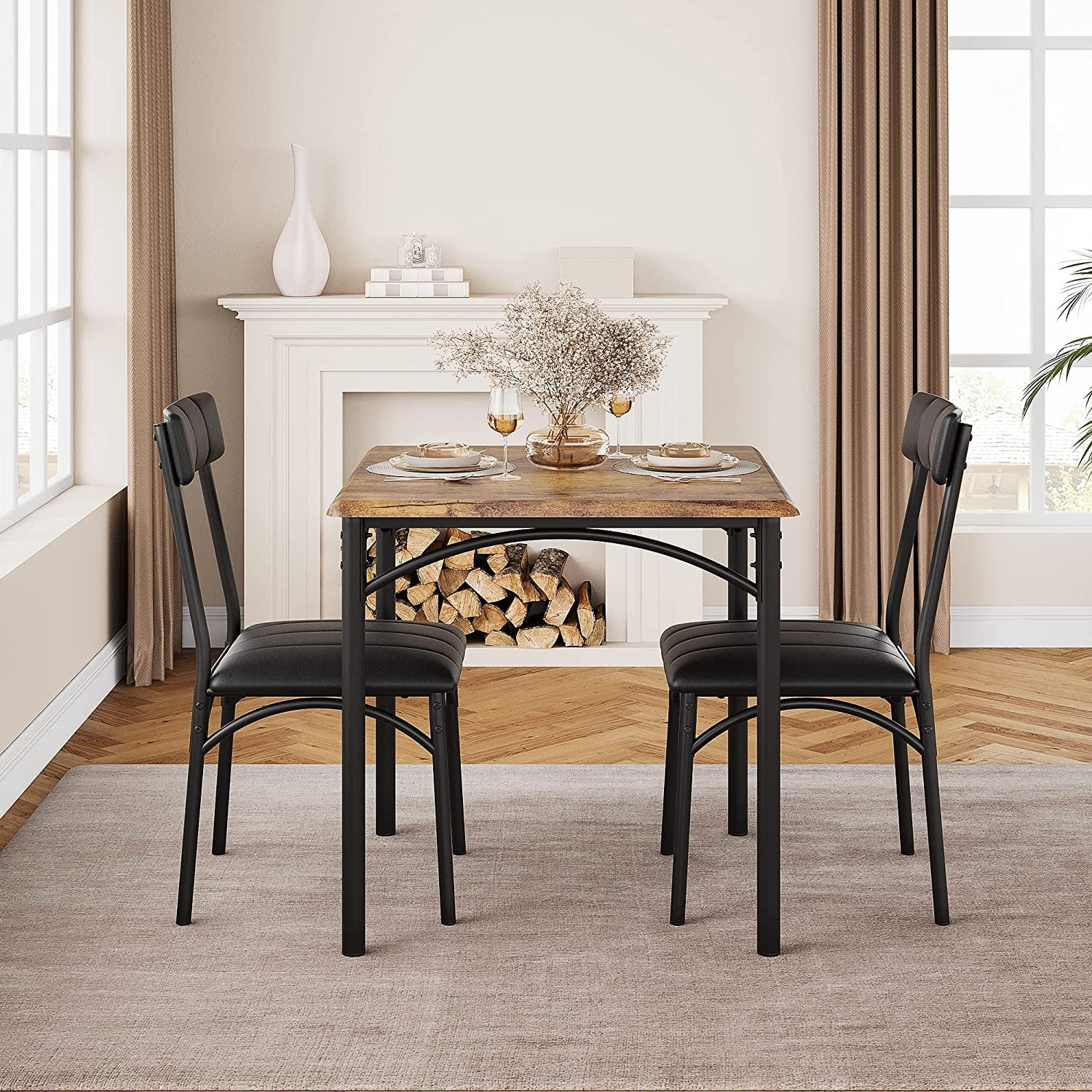 3-Piece Dining Table Set with PU Cushion Chairs, Space-Saving Kitchen ...