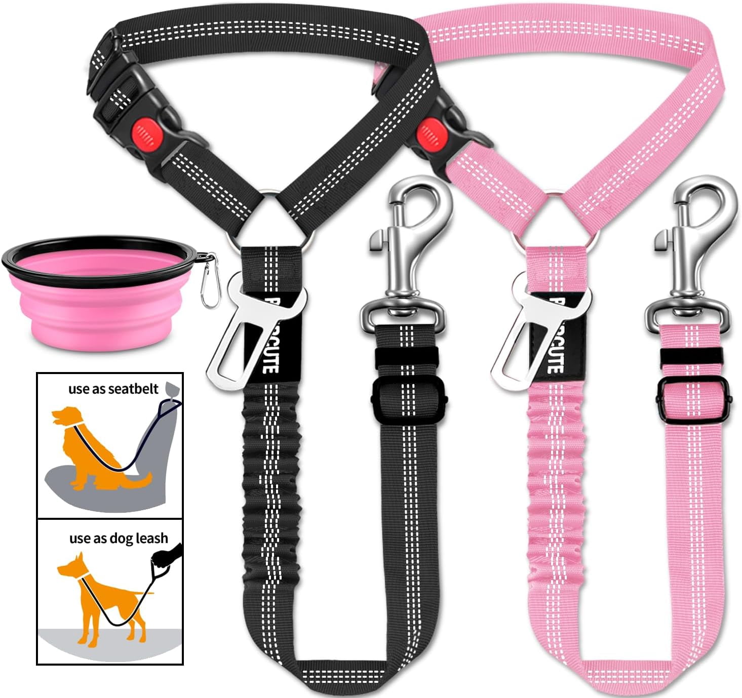 3 Piece Dog Car Seat Belt Set - Retractable Adjustable Pet Seatbelts ...
