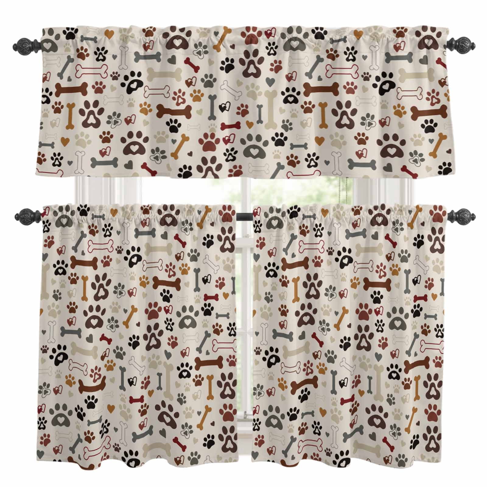 3 Piece Dog Claws Kitchen Curtain Valance and Tiers Set Dog Bones Love ...